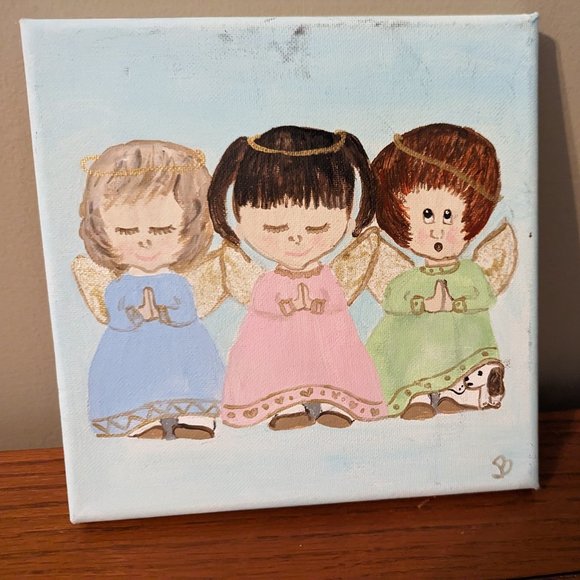 Art | Three Angelic Children Prayer Square Canvas Print Pastel Glitter ...